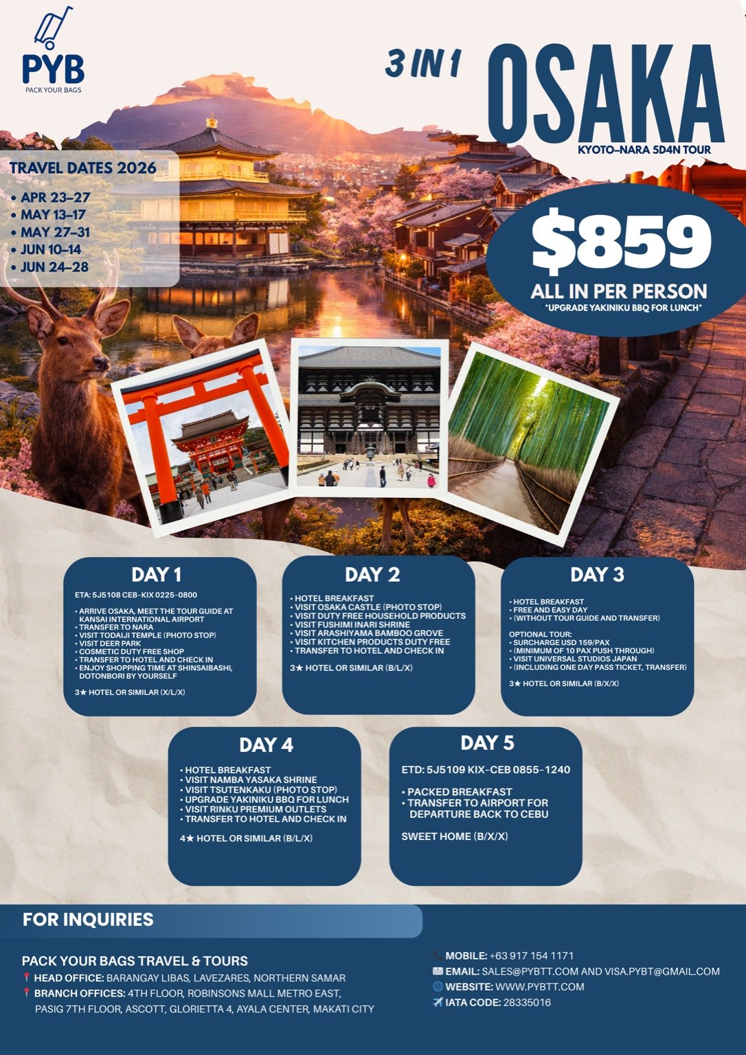3-in-1 Japan Osaka – Kyoto – Nara 5D4N Tour – PYBTT